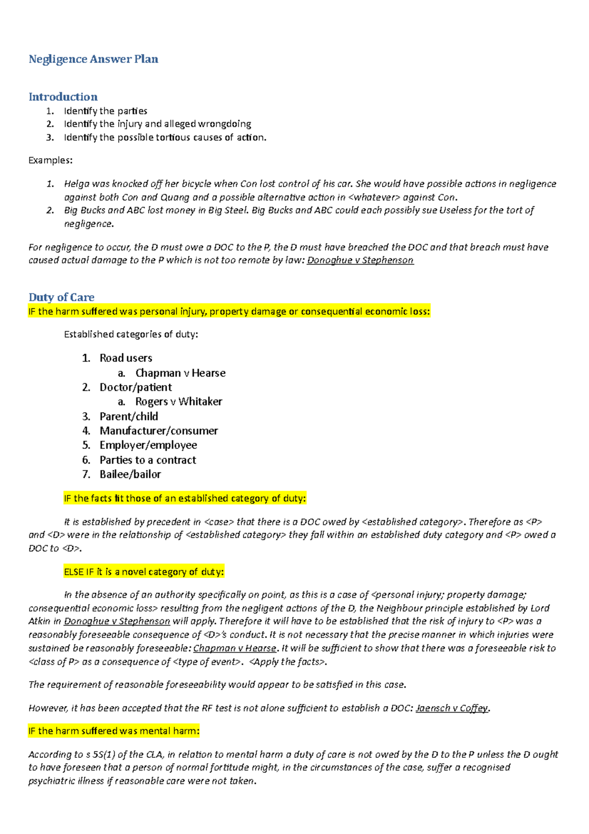 LAW152 Answer Plan - Negligence Answer Plan Introduction Identify the ...