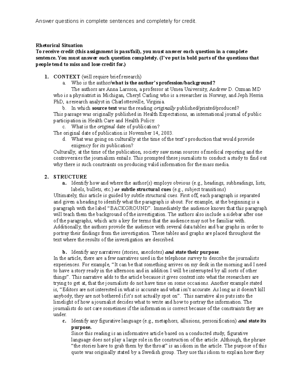 Rhetorical Reading Notes: - Answer questions in complete sentences and ...