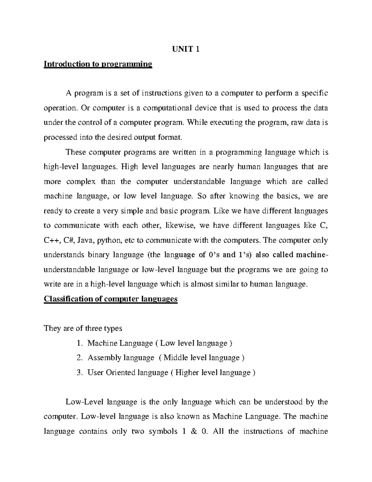 25-10 -2021 - Bca notes - UNIT 1 Introduction to programming A program ...