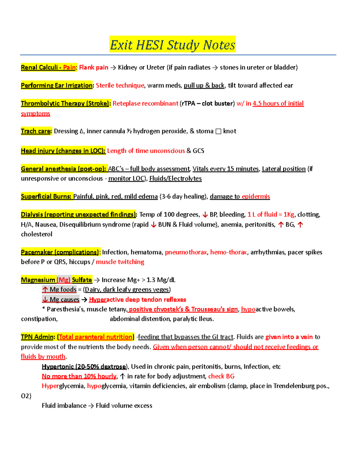 Exit HESI study notes - Exit HESI Study Notes Renal Calculi - Pain ...
