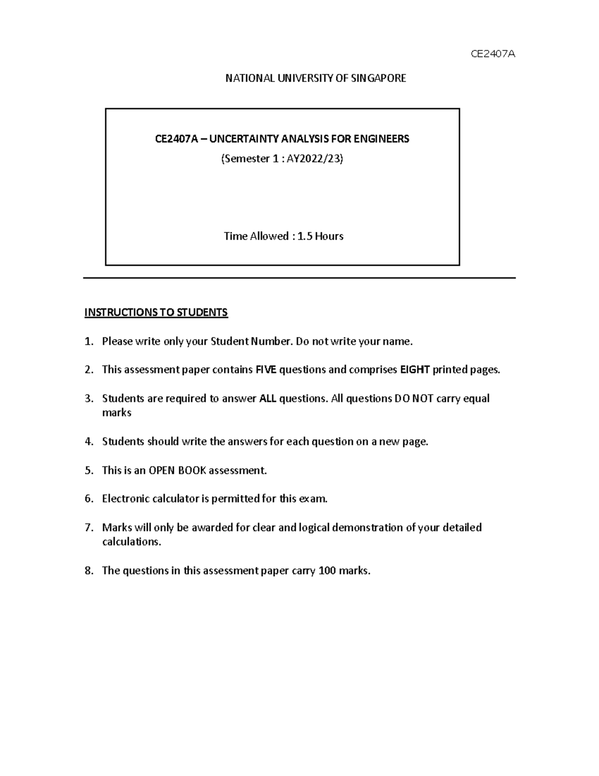CE2407 A exam AY2022 (not in library database, I am investigating ...
