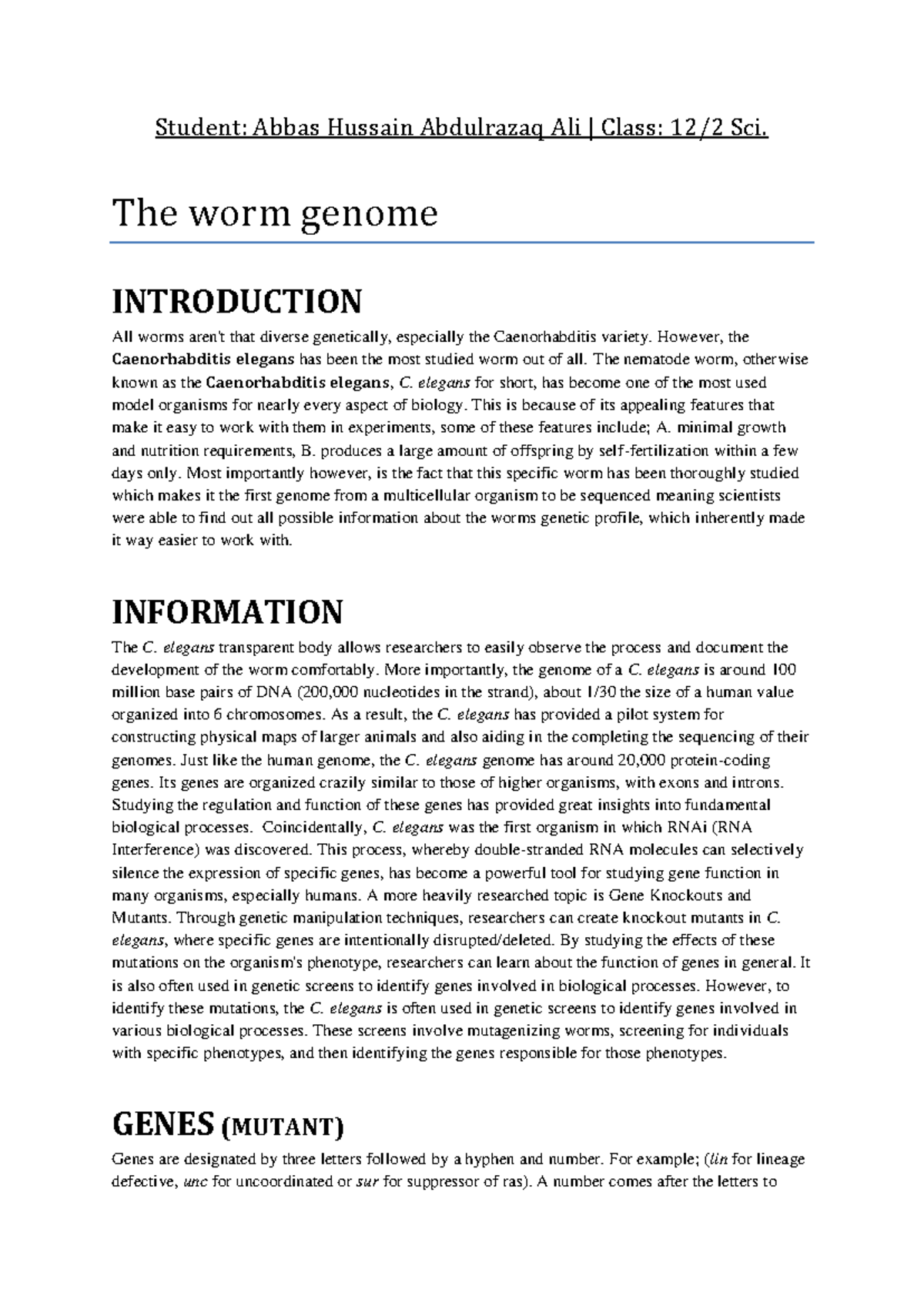 Genetics of a worm - xjxsijxoisa - Student: Abbas Hussain Abdulrazaq ...
