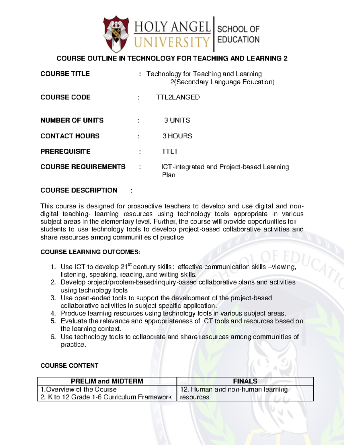 TTL2 Langed - silabus - COURSE OUTLINE IN TECHNOLOGY FOR TEACHING AND ...