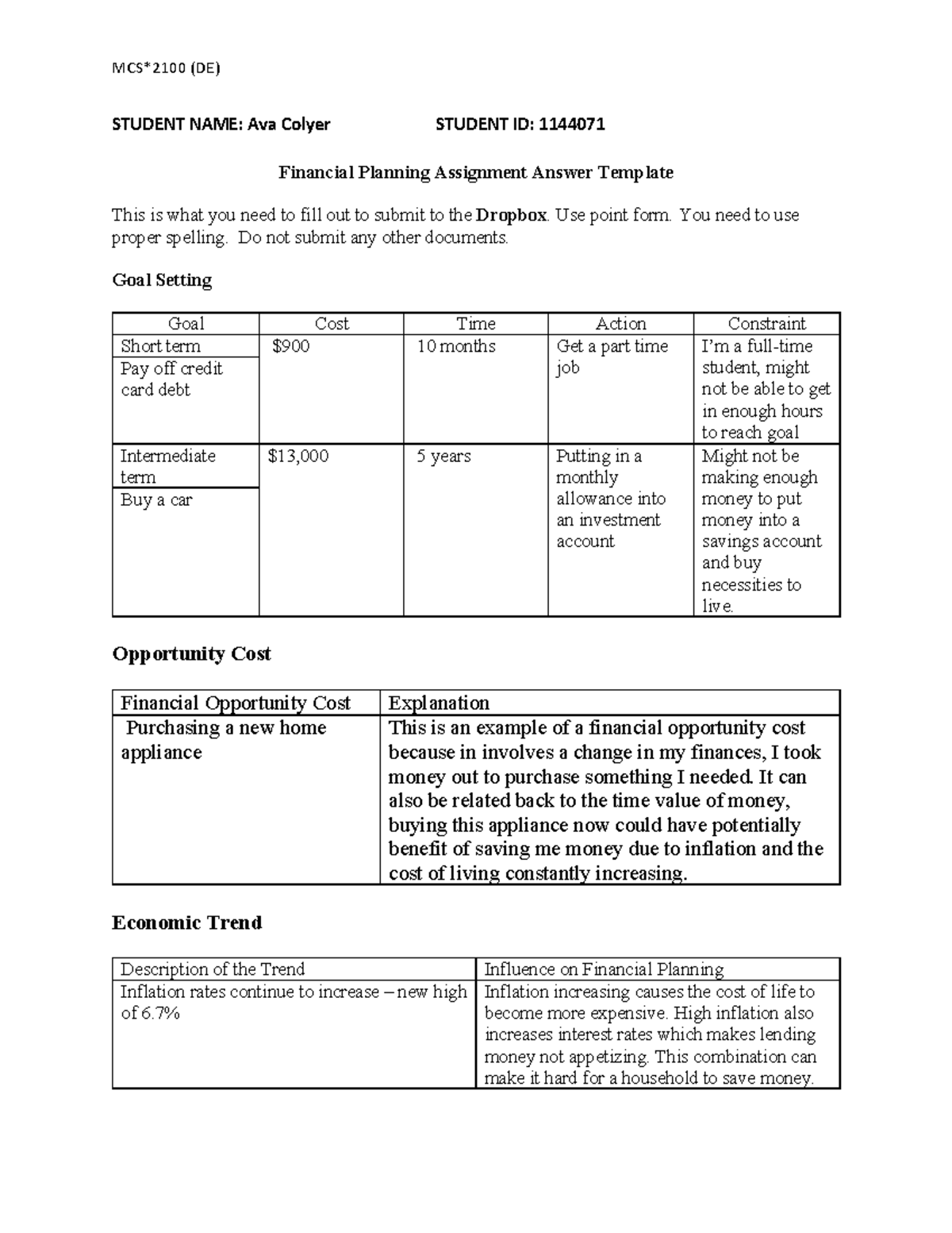 Colyer Ava Financial Planning Assignment - (DE) STUDENT NAME: Ava ...