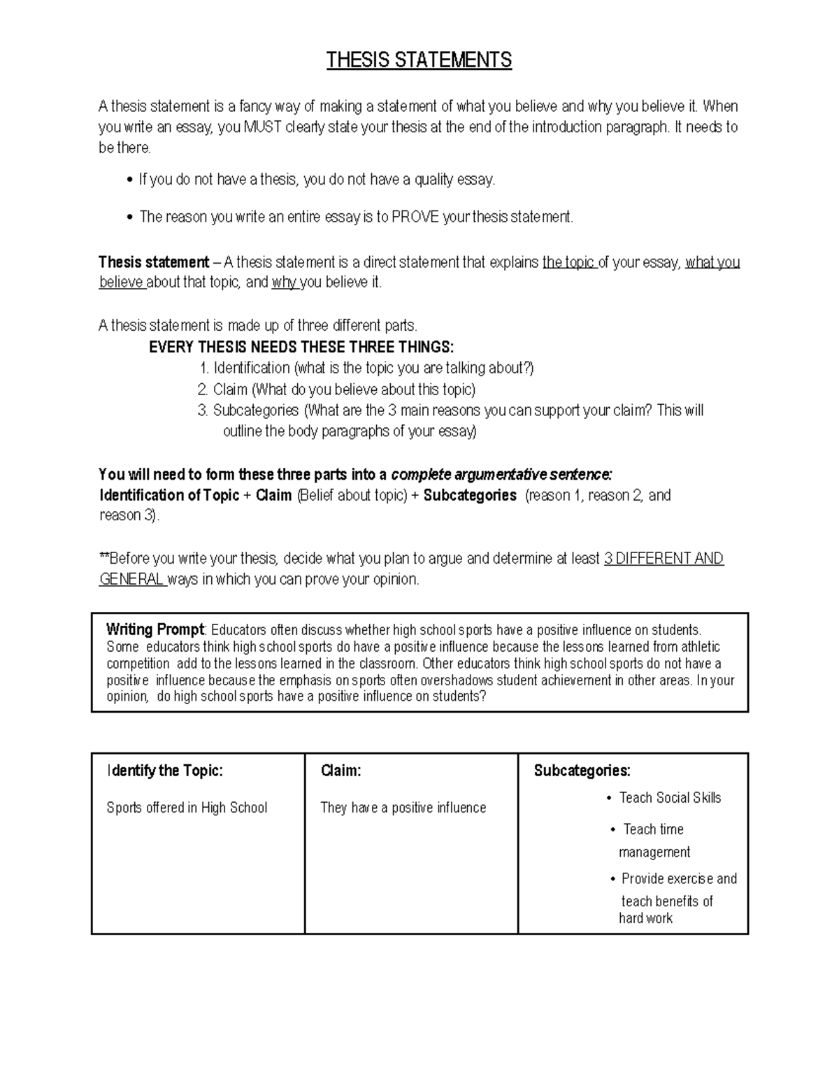 Copy of Thesis Statement Worksheet - THESIS STATEMENTS A thesis ...