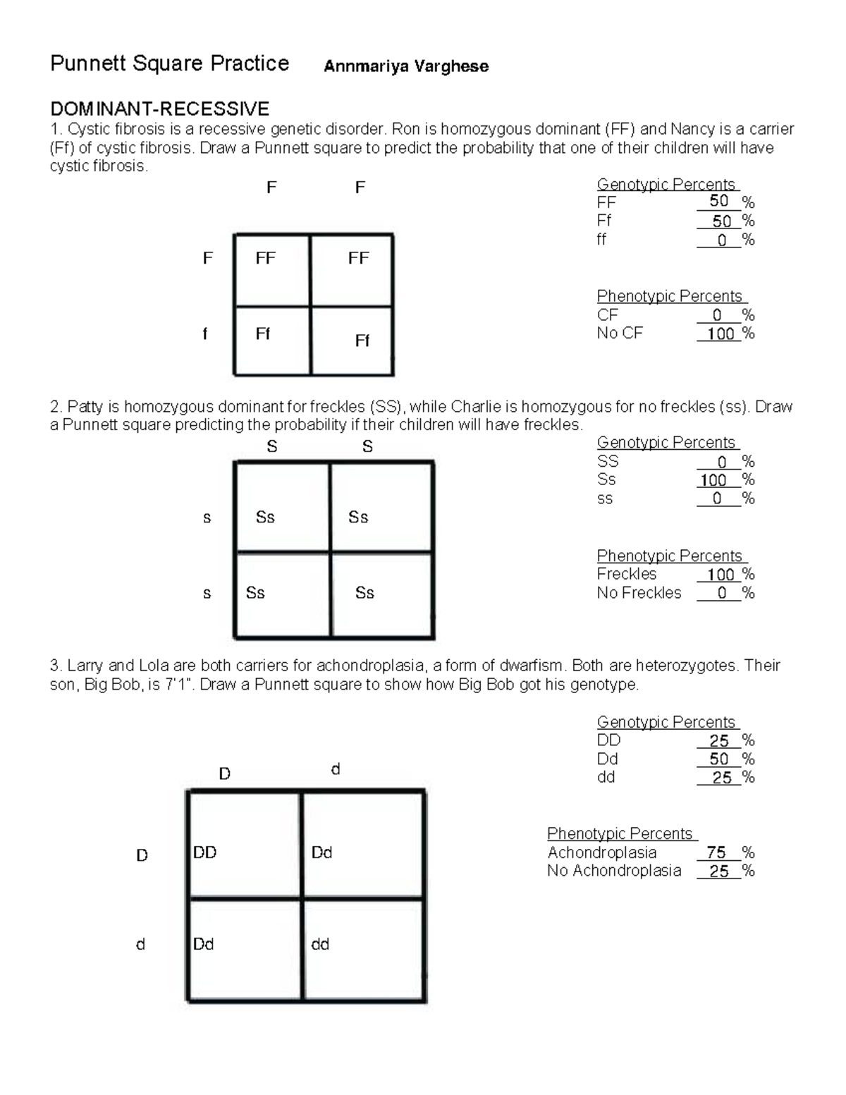Punnett Square Practice WS - Tagged - Punnett Square Practice DOMINANT ...
