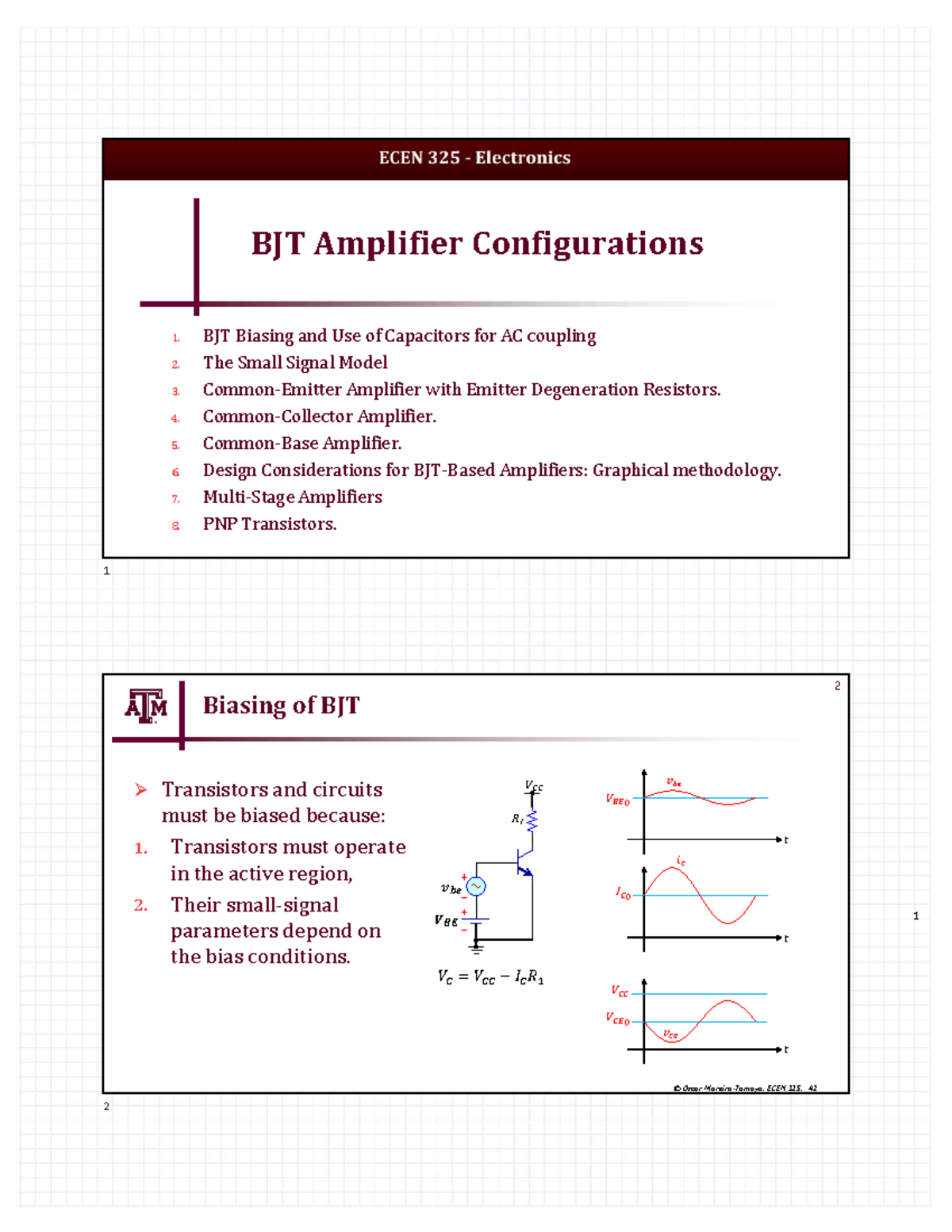 ECEN325 - OM F23 - Week 9 - lecture notes - 1 1. BJT Biasing and Use of ...