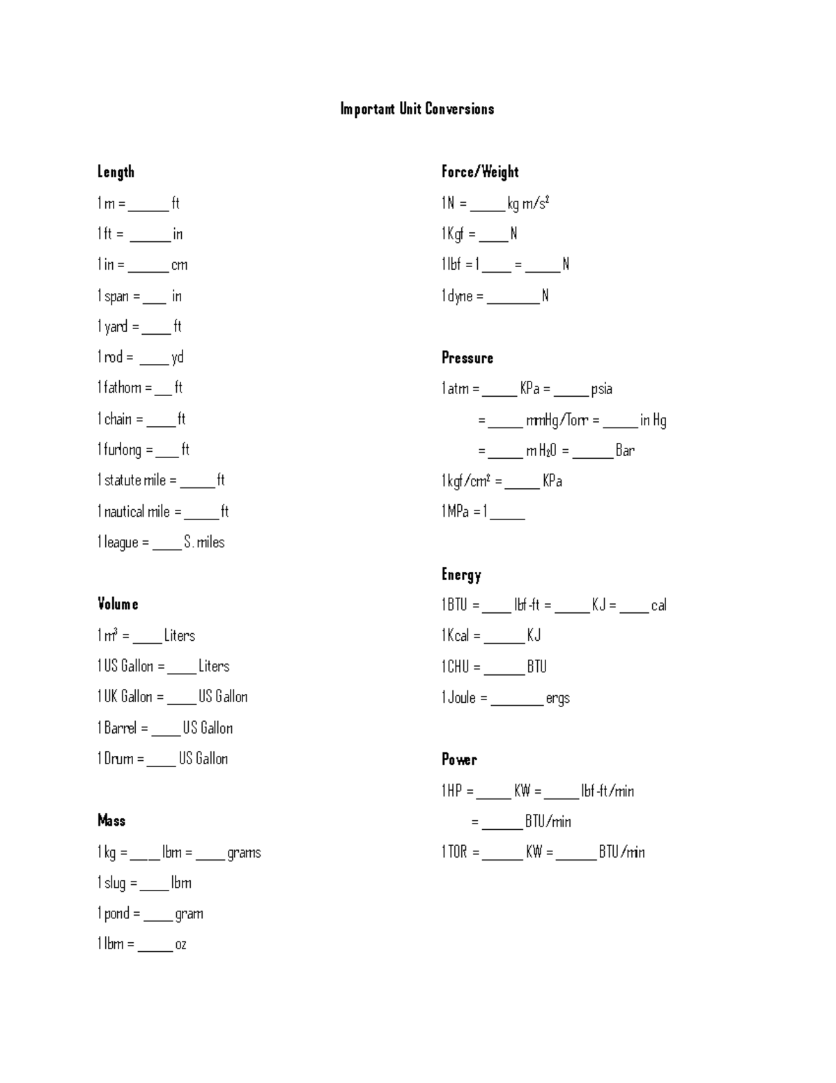 Conversion AND Constants Exercise - Important Unit Conversions Length 1 ...