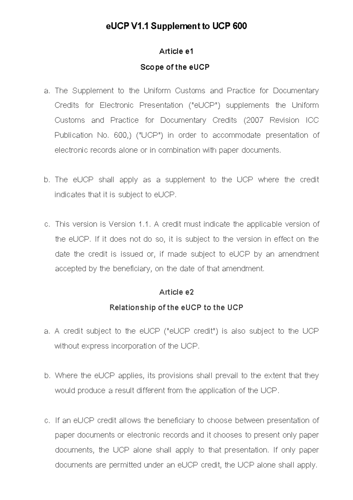 E UCP1 - International Payment - eUCP V1 Supplement to UCP 600 Article ...