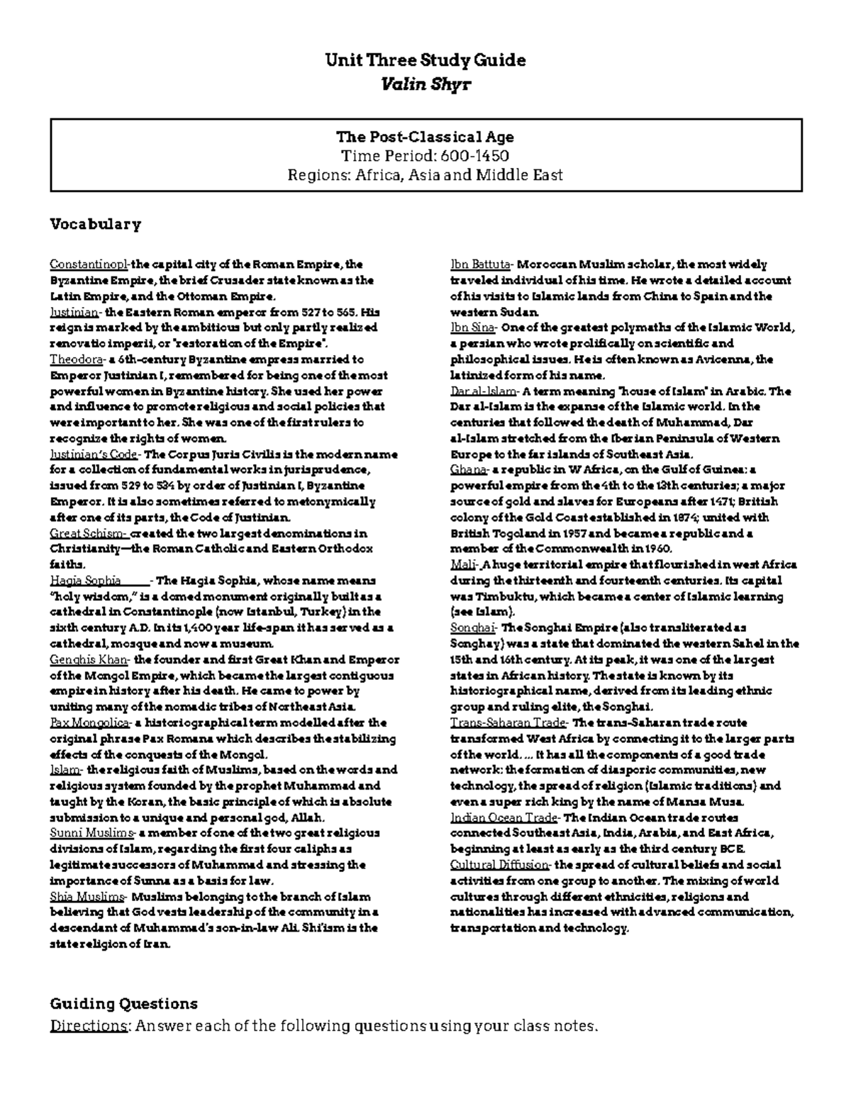 Unit Three Study Guide - Unit Three Study Guide Valin Shyr The Post ...