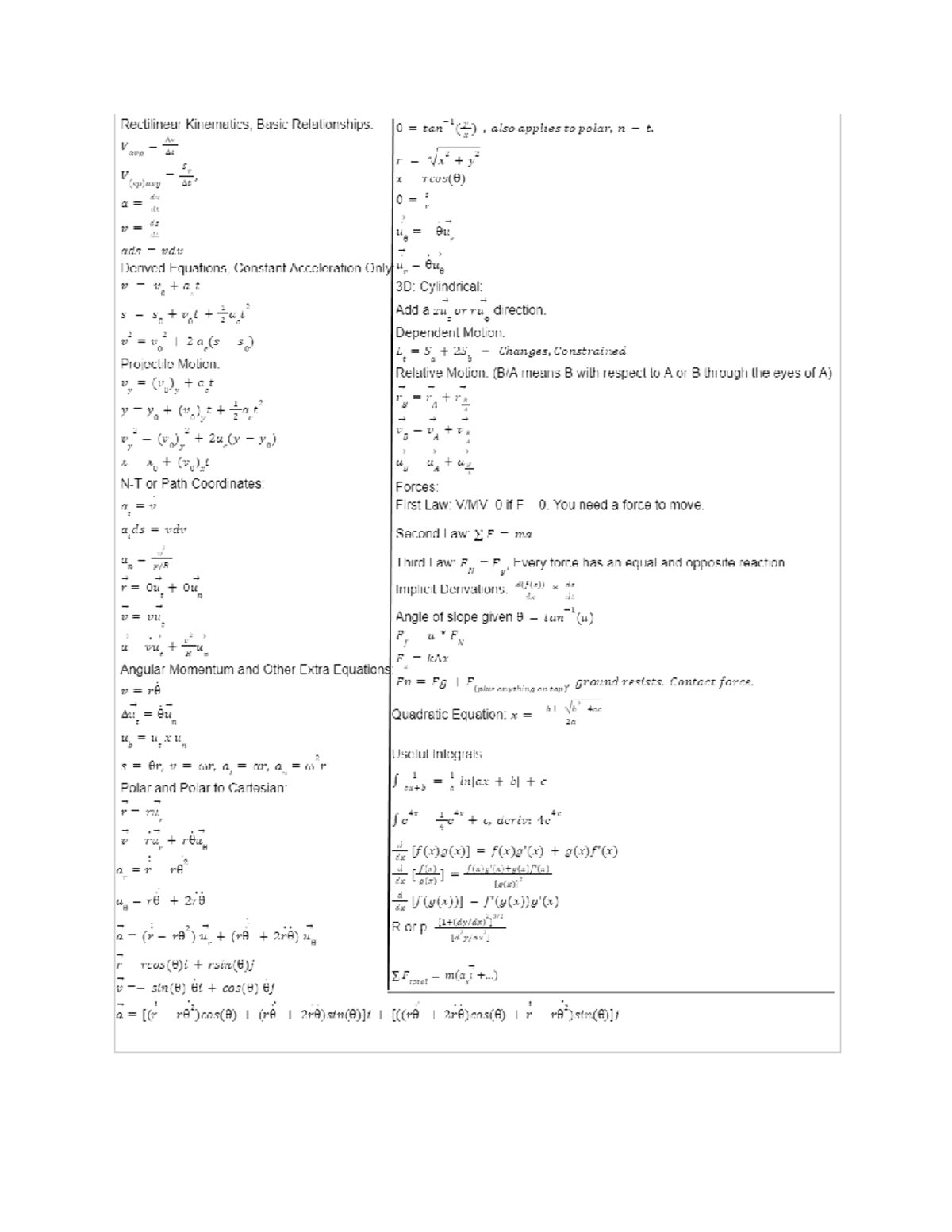 1048 Dynamics Formula Sheet - Rectilinear Kinematics, Basic ...