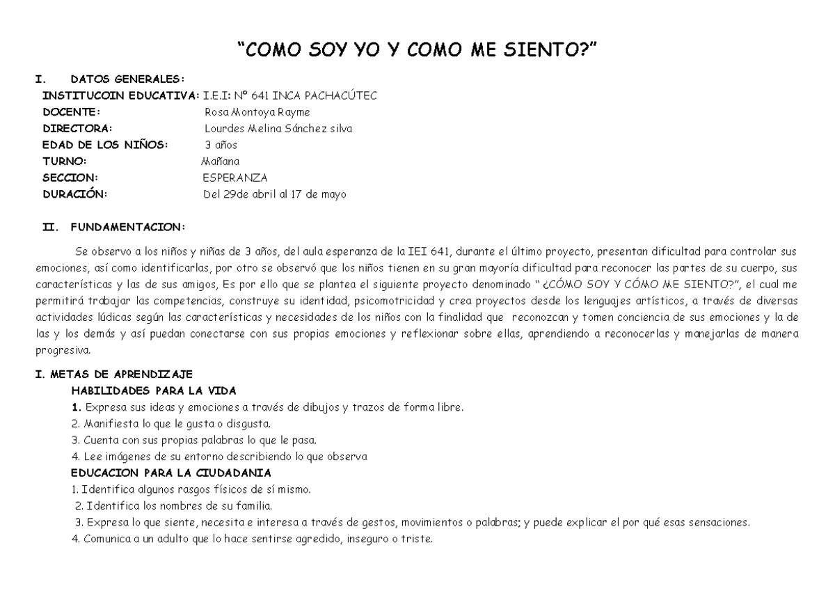 Proyecto 2 COMO SOY YO Y COMO ME Siento - “COMO SOY YO Y COMO ME SIENTO ...