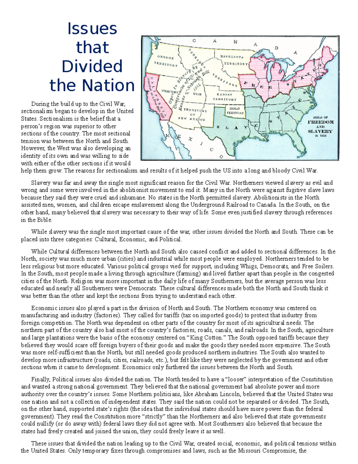 01 - Causes of Division Reading - Issues that Divided the Nation During ...