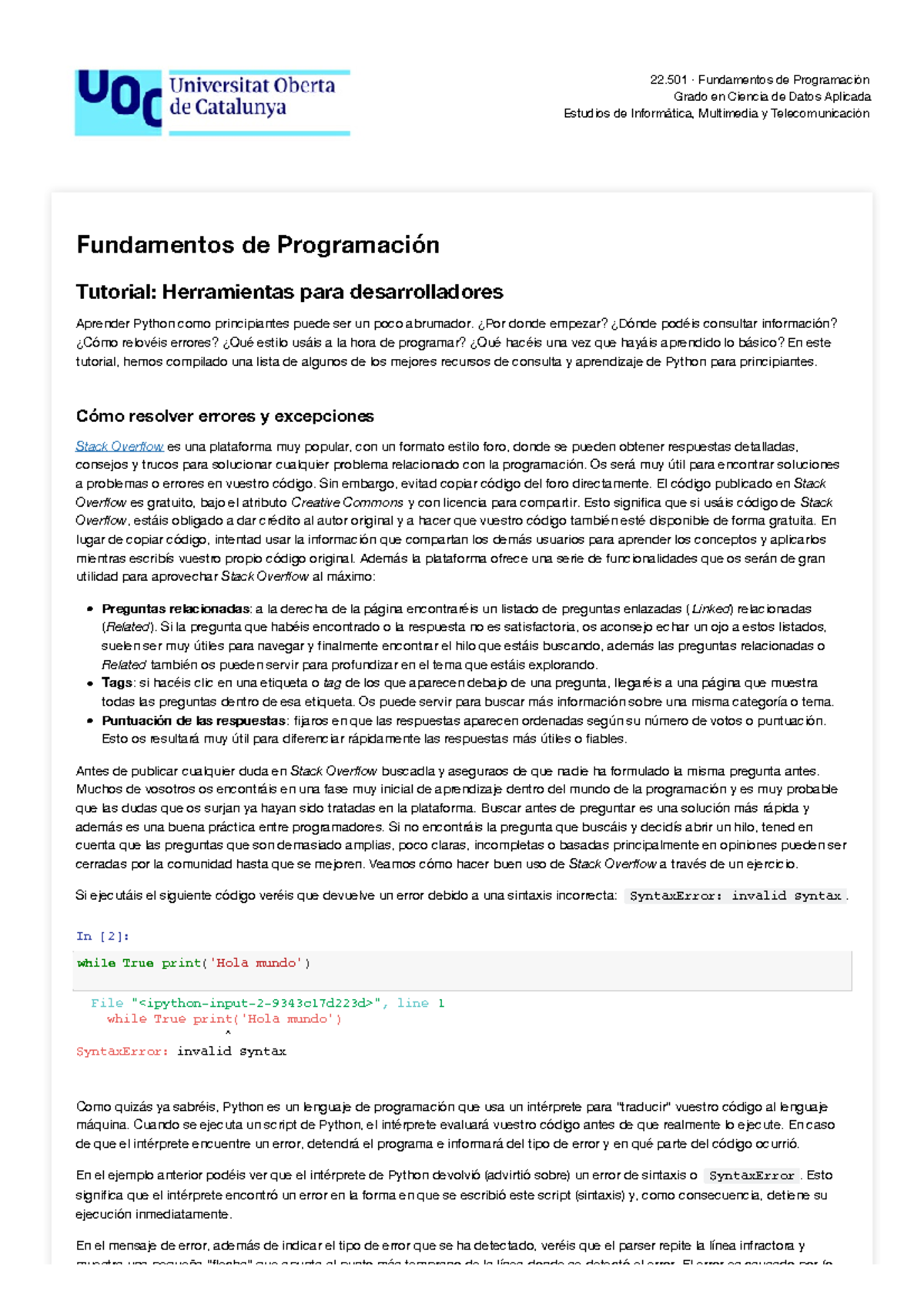 Prog datasci Herramientas Desarrolladores - 22 · Fundamentos de Programación Grado en Ciencia de ...