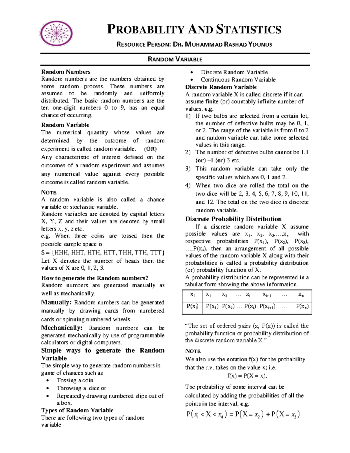 Random Variable - best notes - PROBABILITY AND STATISTICS ...