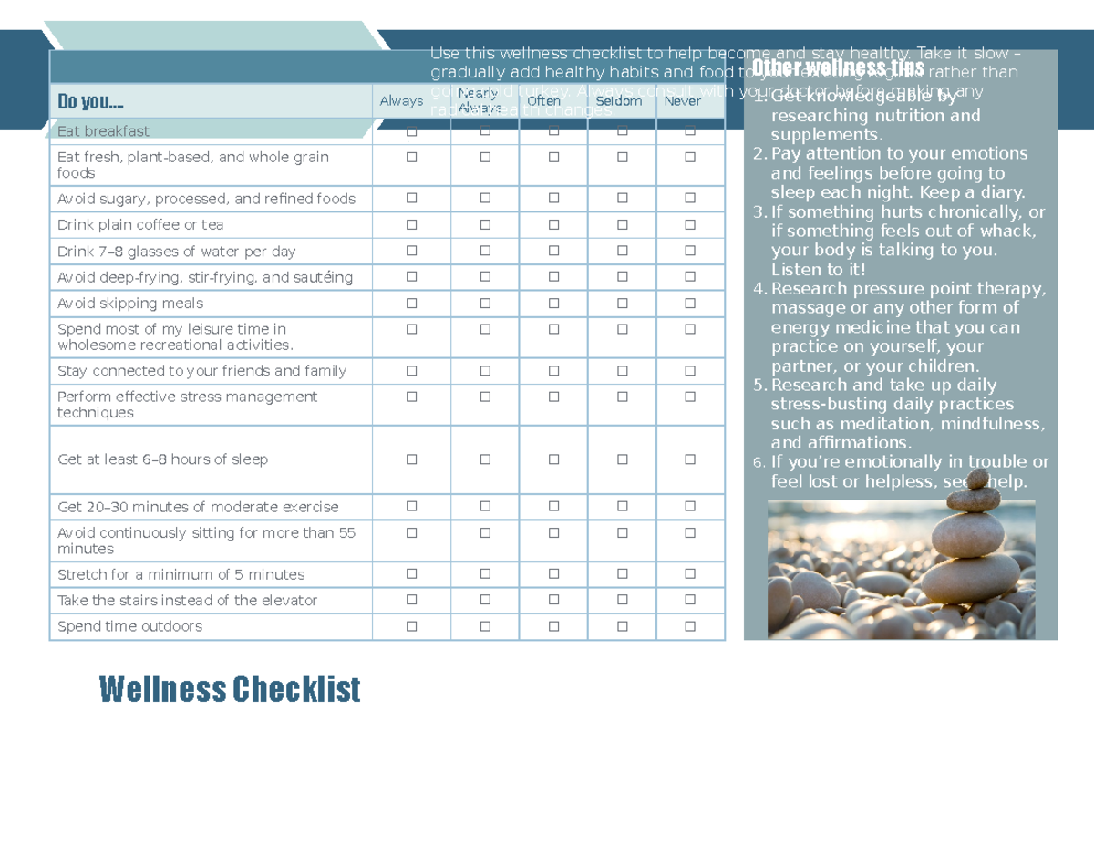 Wellness Checklist - The performing activity - Other wellness tips Do ...