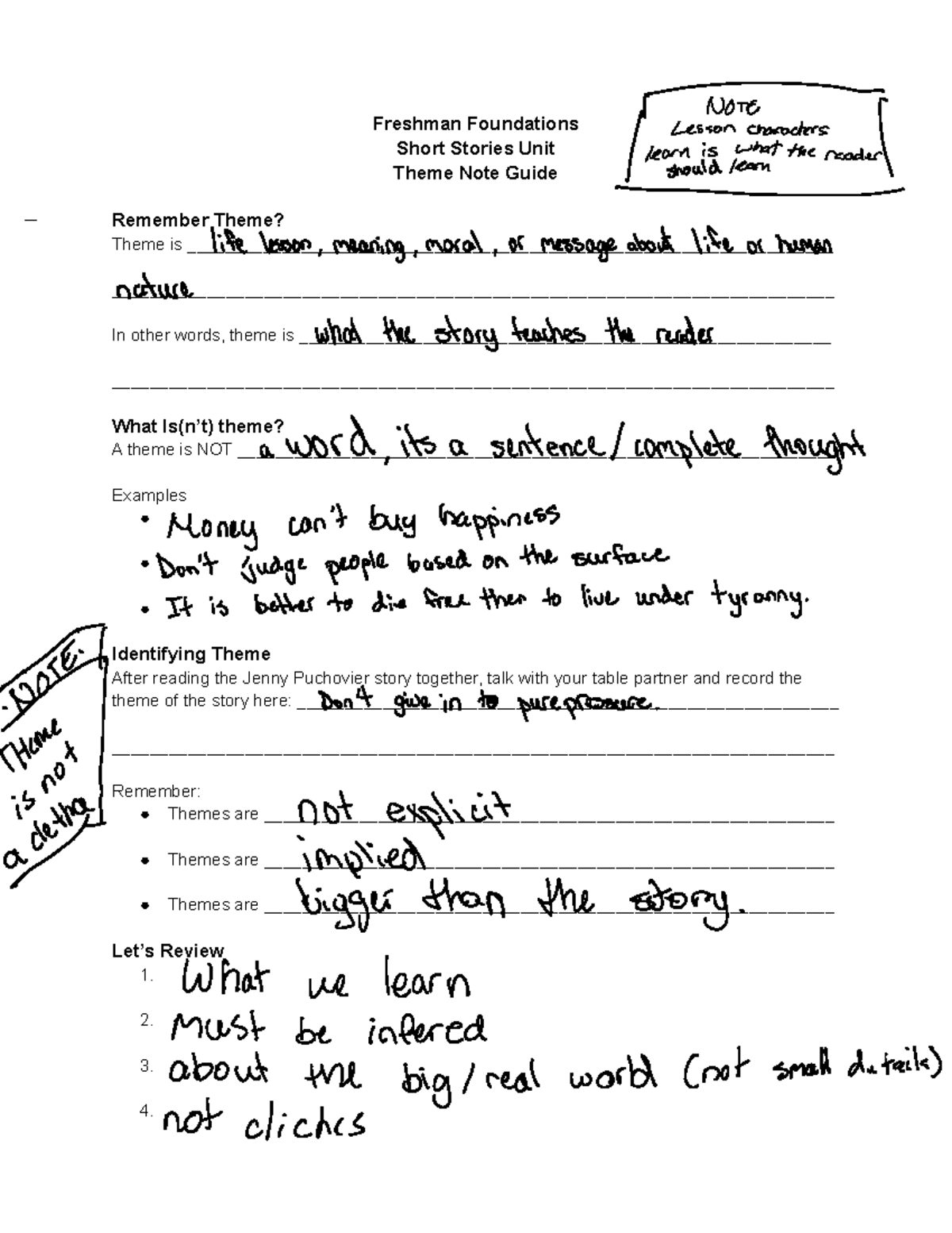 Theme Note Guide - Hello - Freshman Foundations Short Stories Unit ...