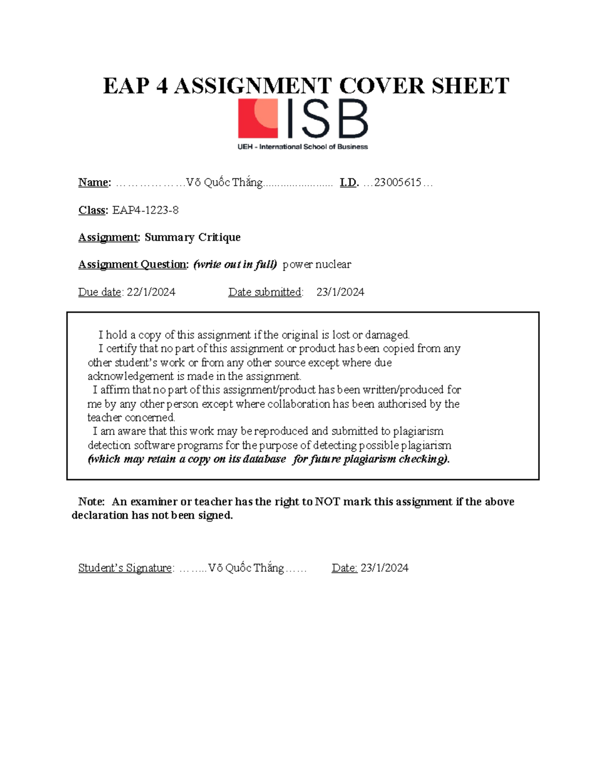 EAP4-1223-8 Summary & Critique Marking Guide Vo Quoc Thang 23005615 - EAP 4 ASSIGNMENT COVER ...