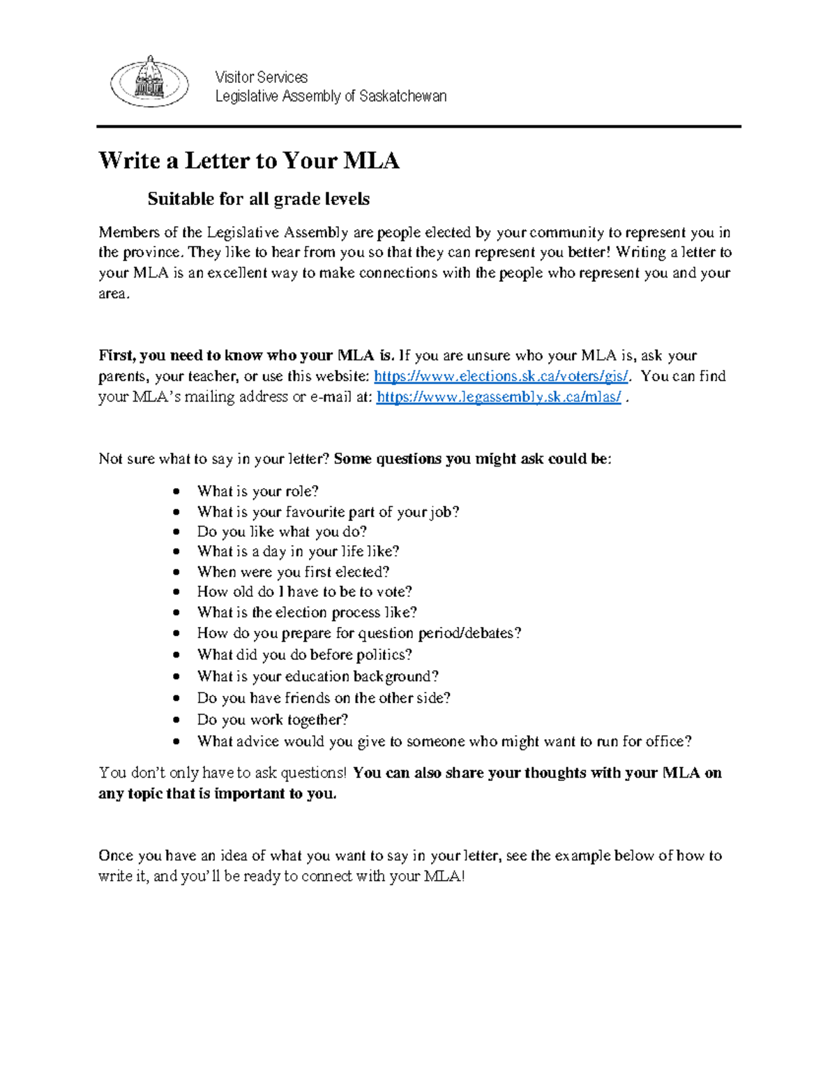 Letter to your mla - gdf - Visitor Services Legislative Assembly of ...