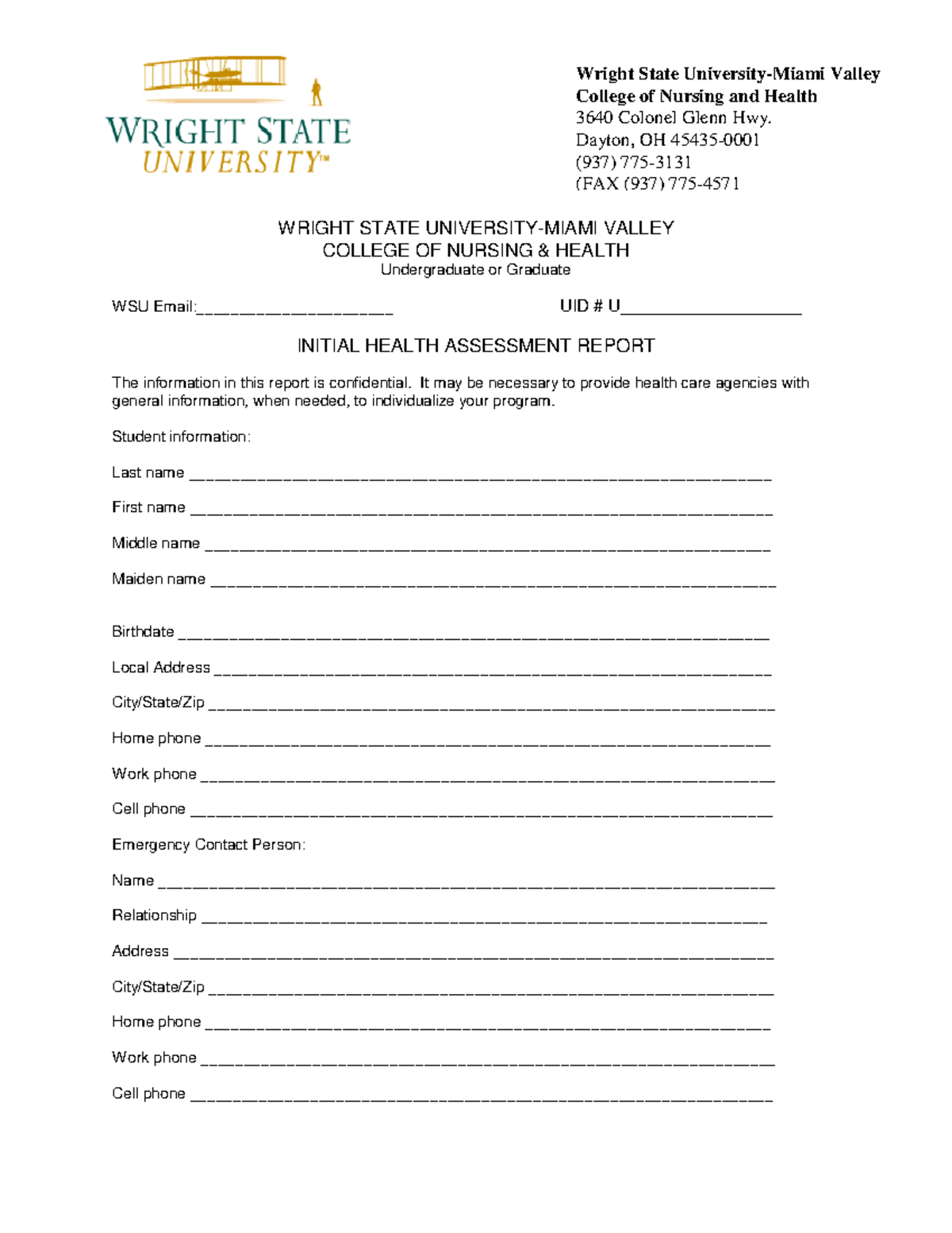Physical Initial Health Assessment Form - WRIGHT STATE UNIVERSITY-MIAMI ...