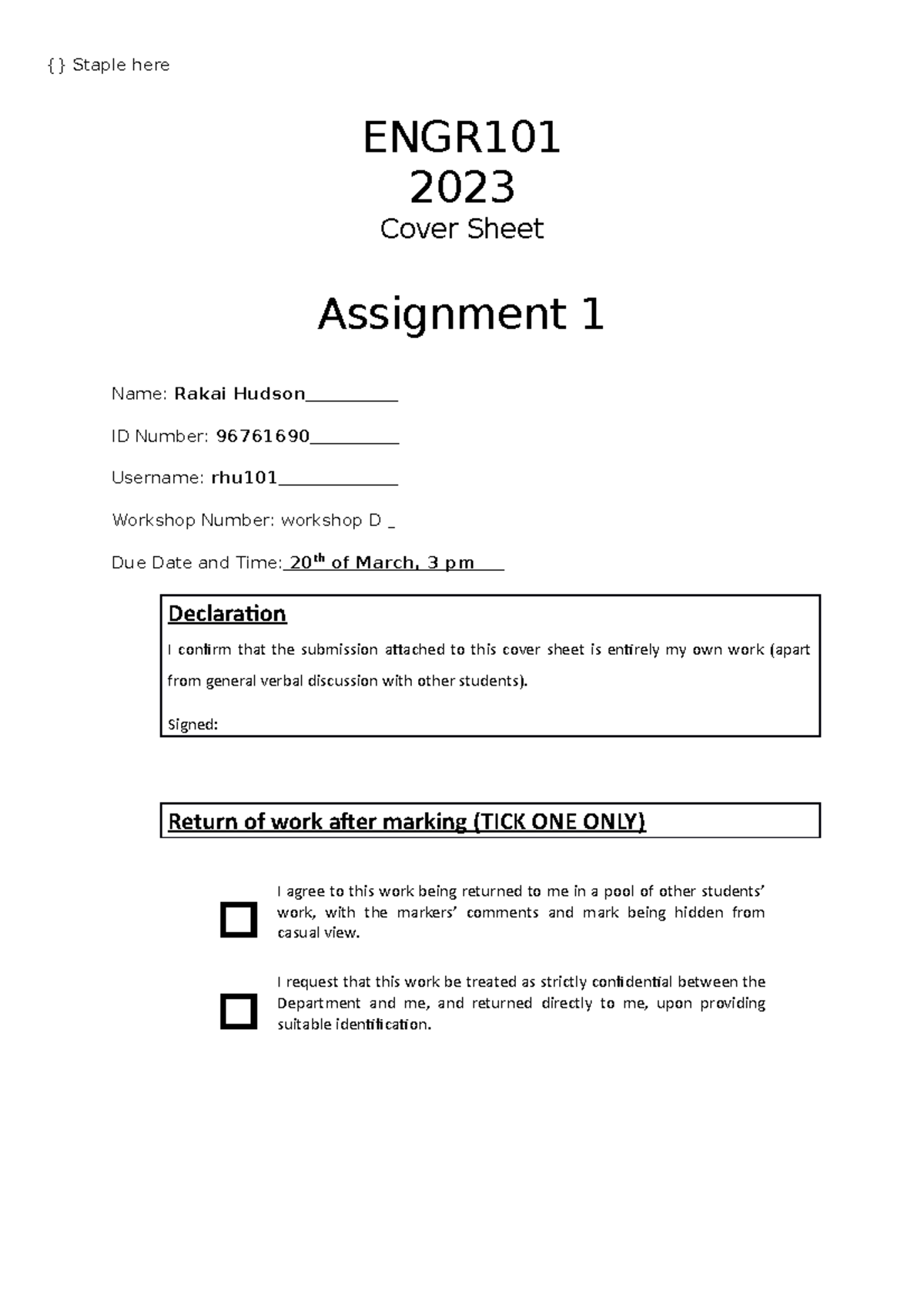 ENGR101 Assigment 1 2023 - {} Staple here ENGR 2023 Cover Sheet ...
