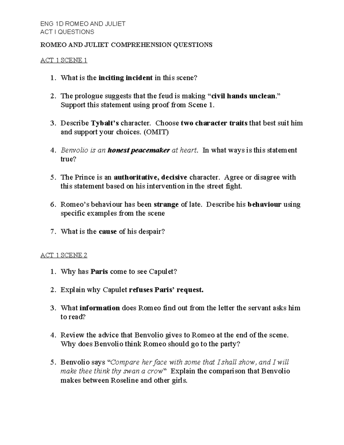 Romeo AND Juliet Comprehension Questions ACT 1 - ENG 1D ROMEO AND ...
