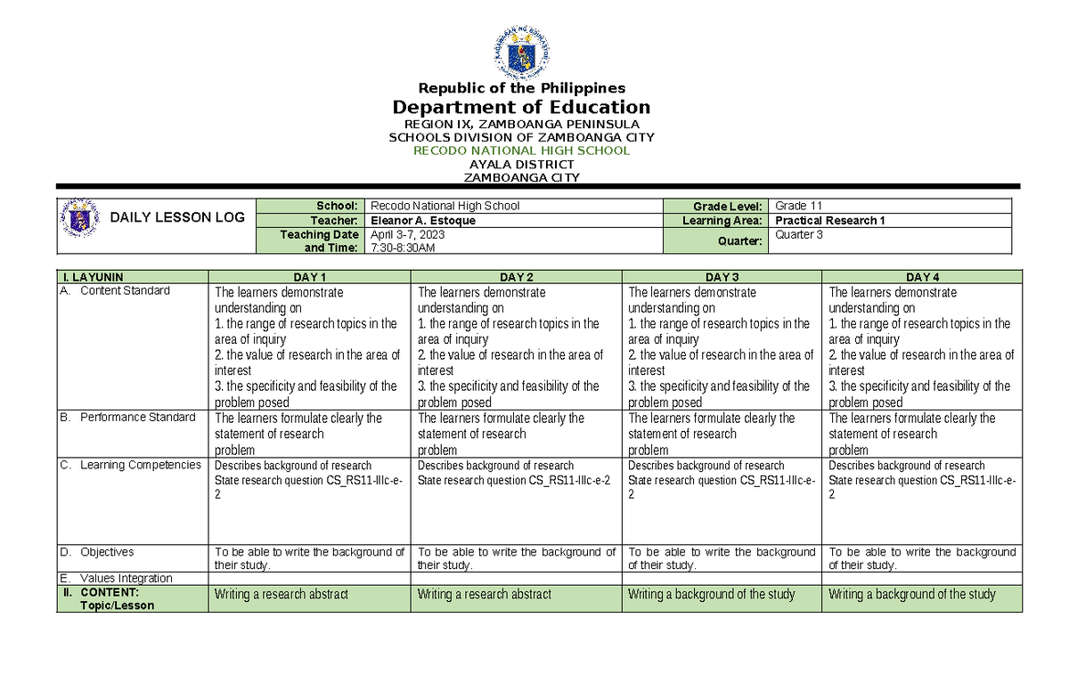 Daily Lesson Log - Republic of the Philippines Department of Education ...