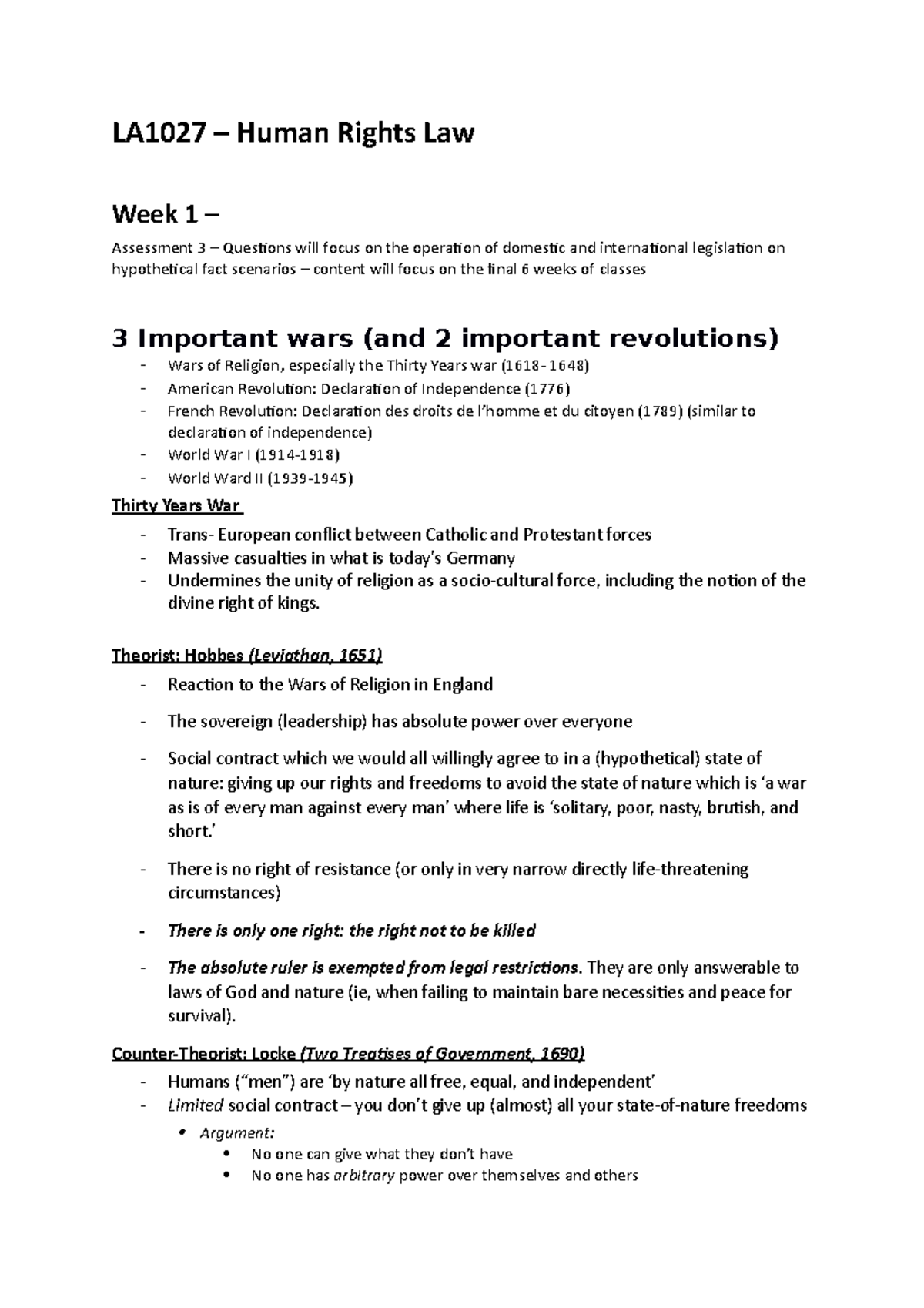 Human Rights Law Notes Weeks 1-4 - LA1027 – Human Rights Law Week 1 ...
