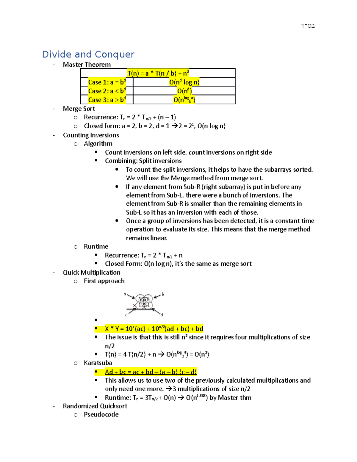 Final Review Sheet - Divide and Conquer Master Theorem T(n) = a * T(n ...