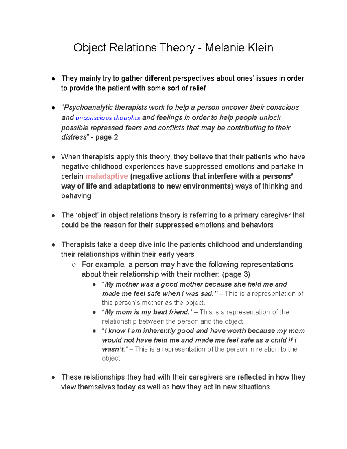 Theories article notes - sept 30 - Object Relations Theory - Melanie ...