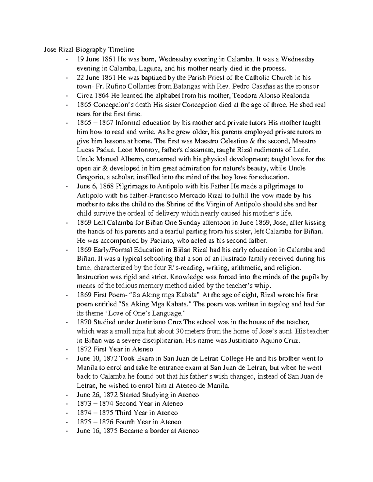 Jose Rizal Biography Timeline Bulleque - Jose Rizal Biography Timeline ...