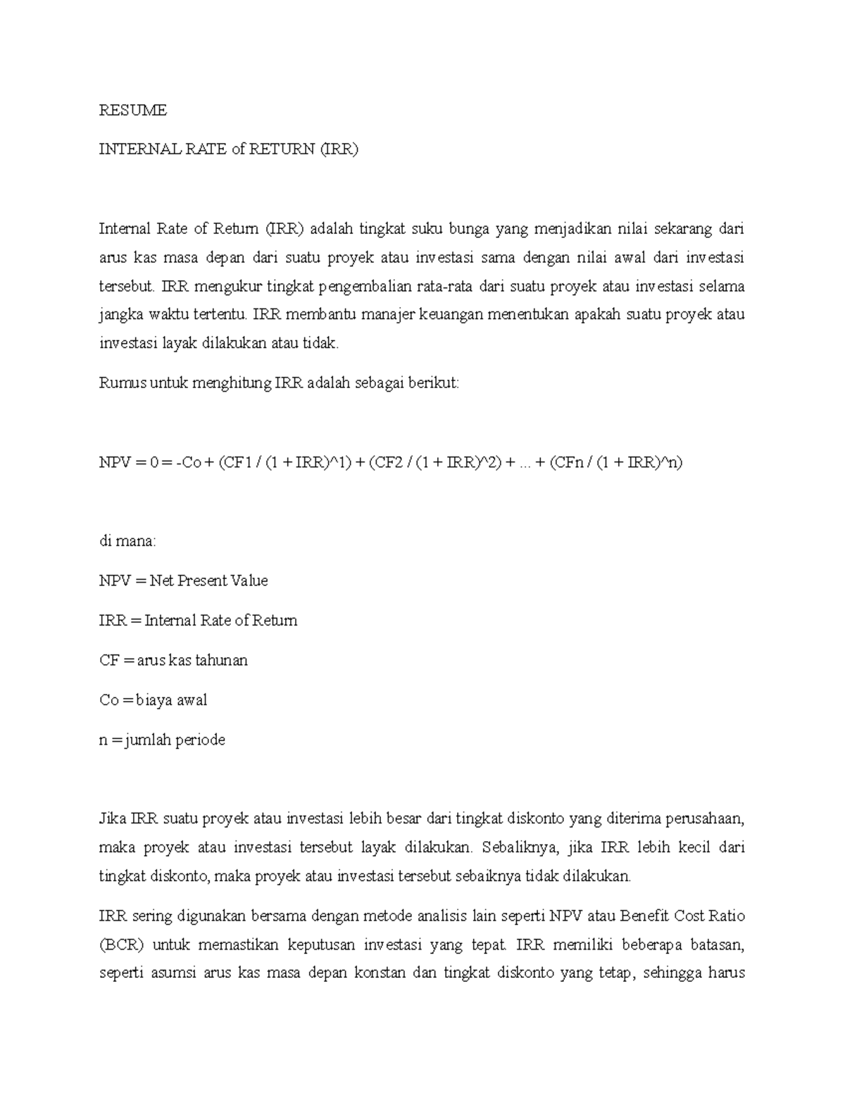 Manajemen Keuangan - Resume Internal RATE of Return (IRR) - RESUME INTERNAL RATE of RETURN (IRR ...