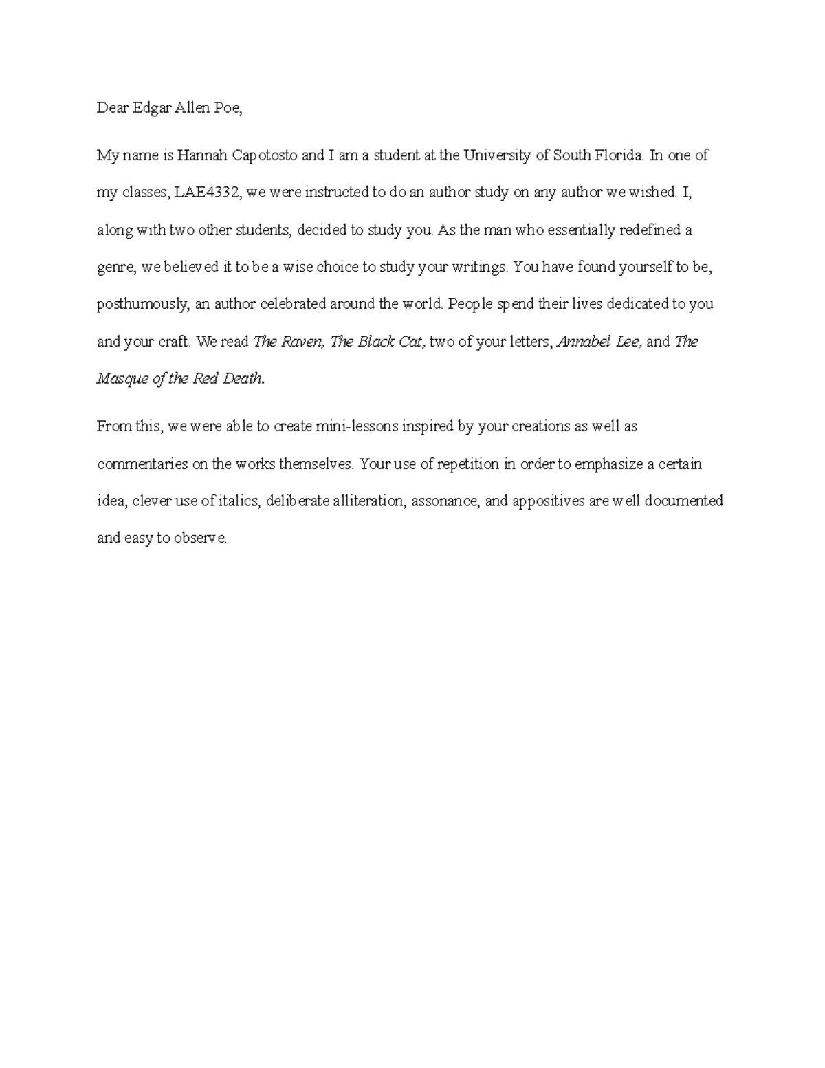 Author letter draft - Dear Edgar Allen Poe, My name is Hannah Capotosto ...