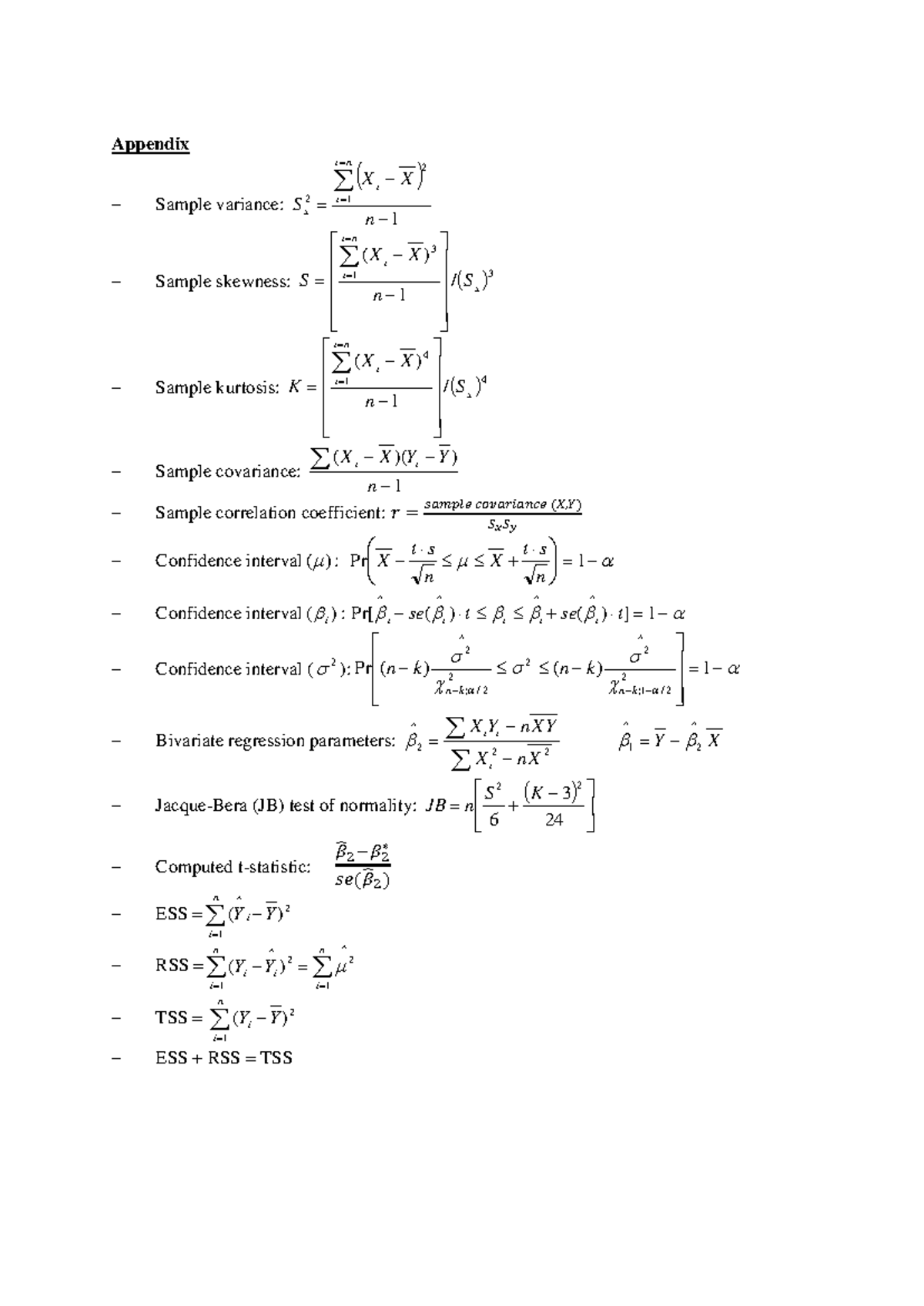 Formula Sheet MT2 - Appendix − Sample variance: ( ) 1 1 2 2 − − = = = n X X S i n i i x − Sample ...