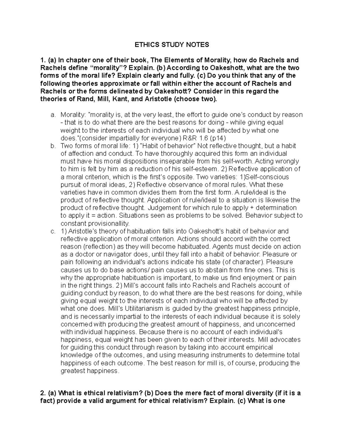 Ethics Study Guide/Notes - ETHICS STUDY NOTES (a) In chapter one of ...