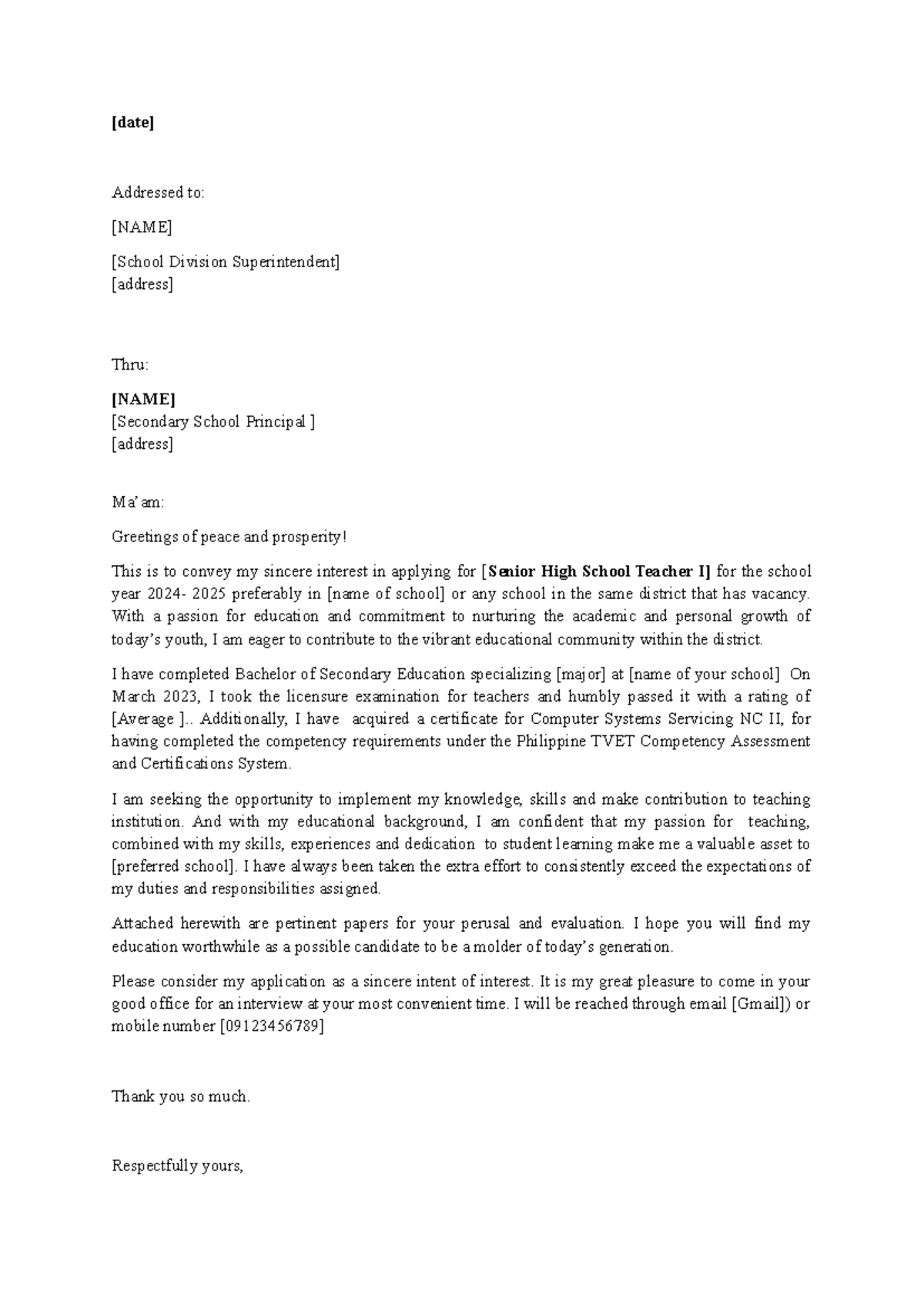 Teacher 1 Sample OF Letter OF Intent - [date] Addressed to: [NAME ...