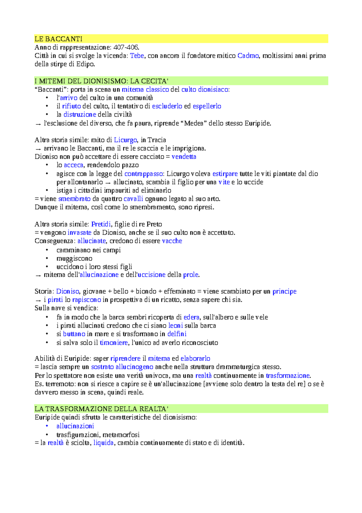 Le Baccanti - spiegazione - LE BACCANTI Anno di rappresentazione: 407 ...