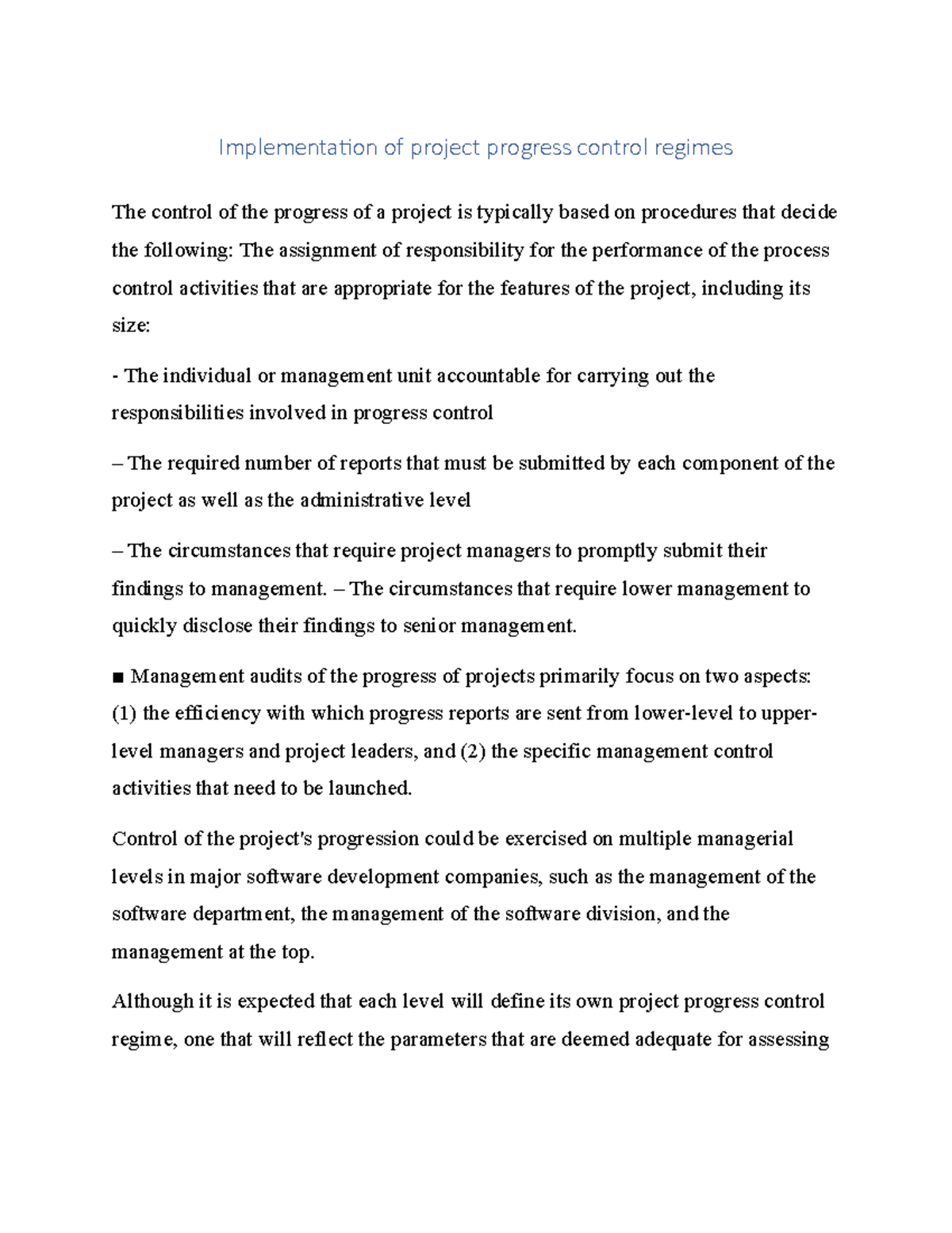 Implementation of project progress control regimes - – The ...