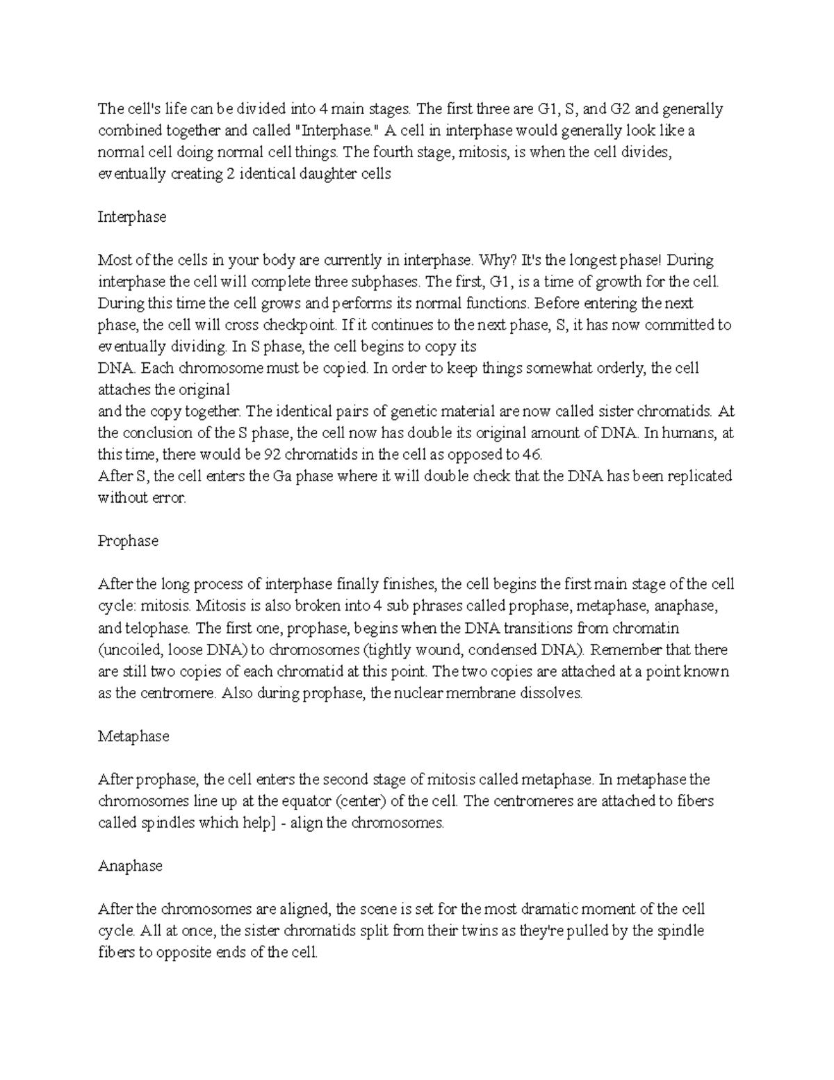 The Cell Cycle - notes - The cell's life can be divided into 4 main ...