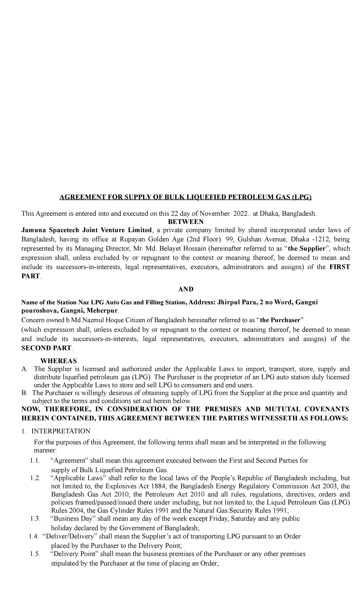 Sample Agreement Cpy for Bulk LPG Supplying - AGREEMENT FOR SUPPLY OF ...
