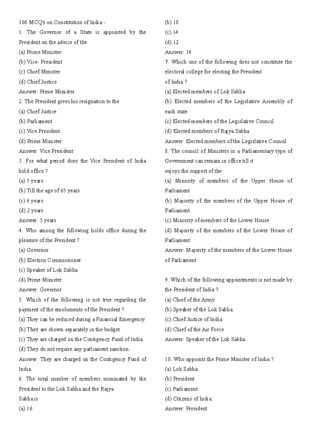 Consti 111111111 - abcd - 100 MCQ's on Constitution of India:- The ...