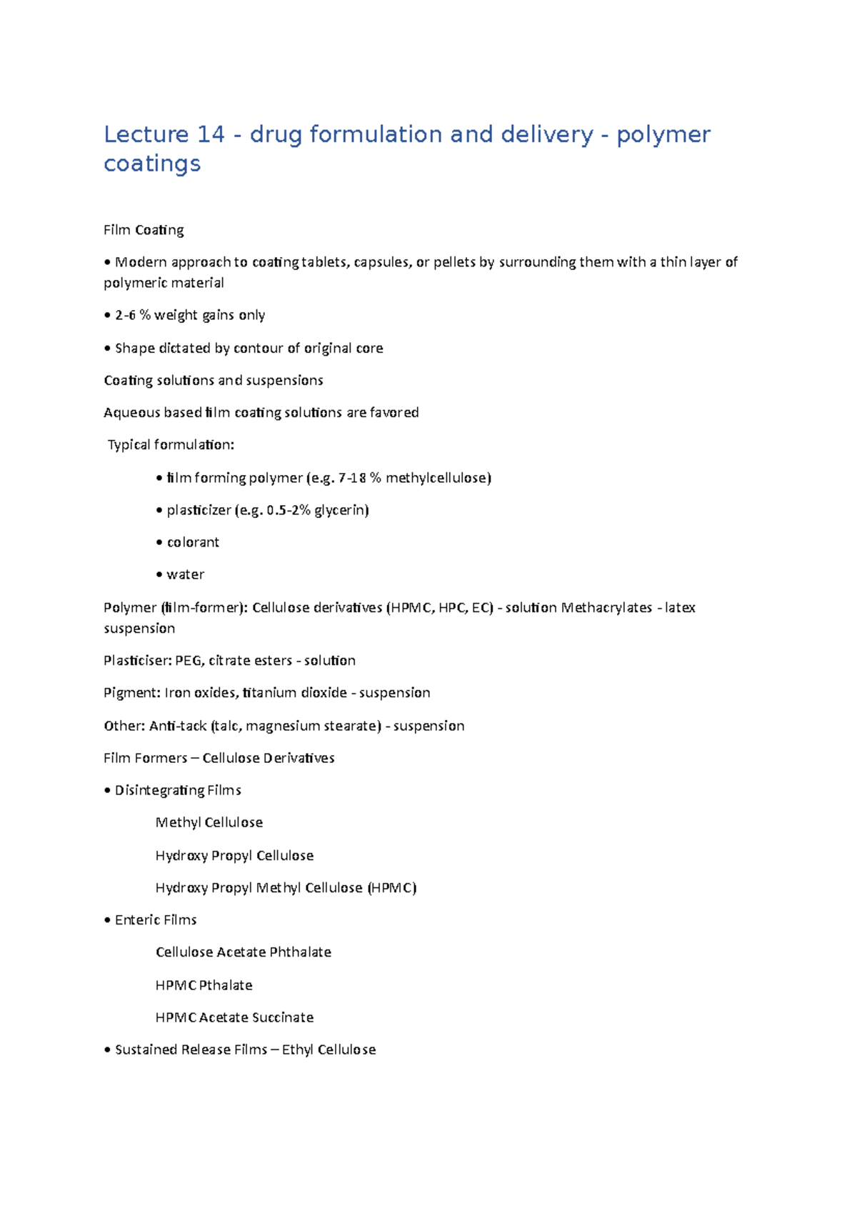 Lecture 14 polymer coatings - Lecture 14 - drug formulation and ...