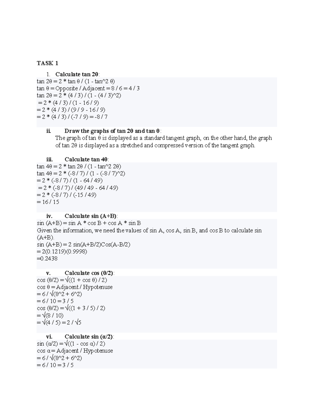 MATH 1201 UNIT 7 - MATHEMATICS - TASK 1 Calculate tan 2θ: tan 2θ = 2 * tan θ / (1 - tan^2 θ) tan ...