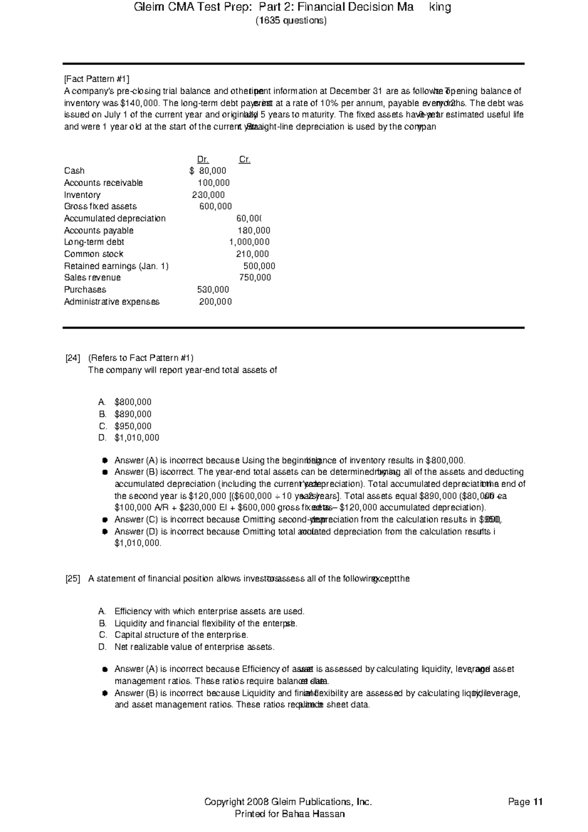 CMA USA Part 2 MCQ 1635 Gleim -10 - [Fact Pattern #1] A company’s pre ...