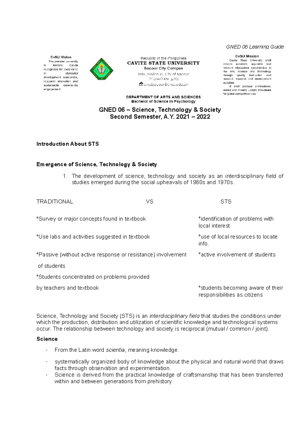 STS Learning Guide 1 - None - Republic of the Philippines CAVITE STATE ...