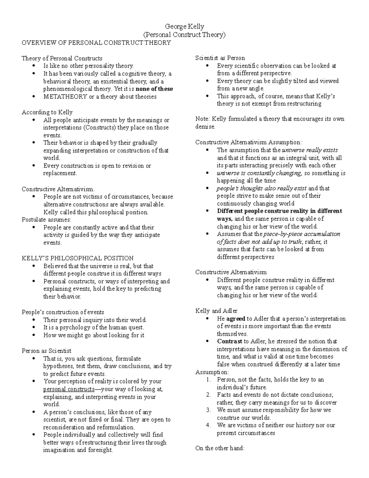 George Kelly - (Personal Construct Theory) OVERVIEW OF PERSONAL ...