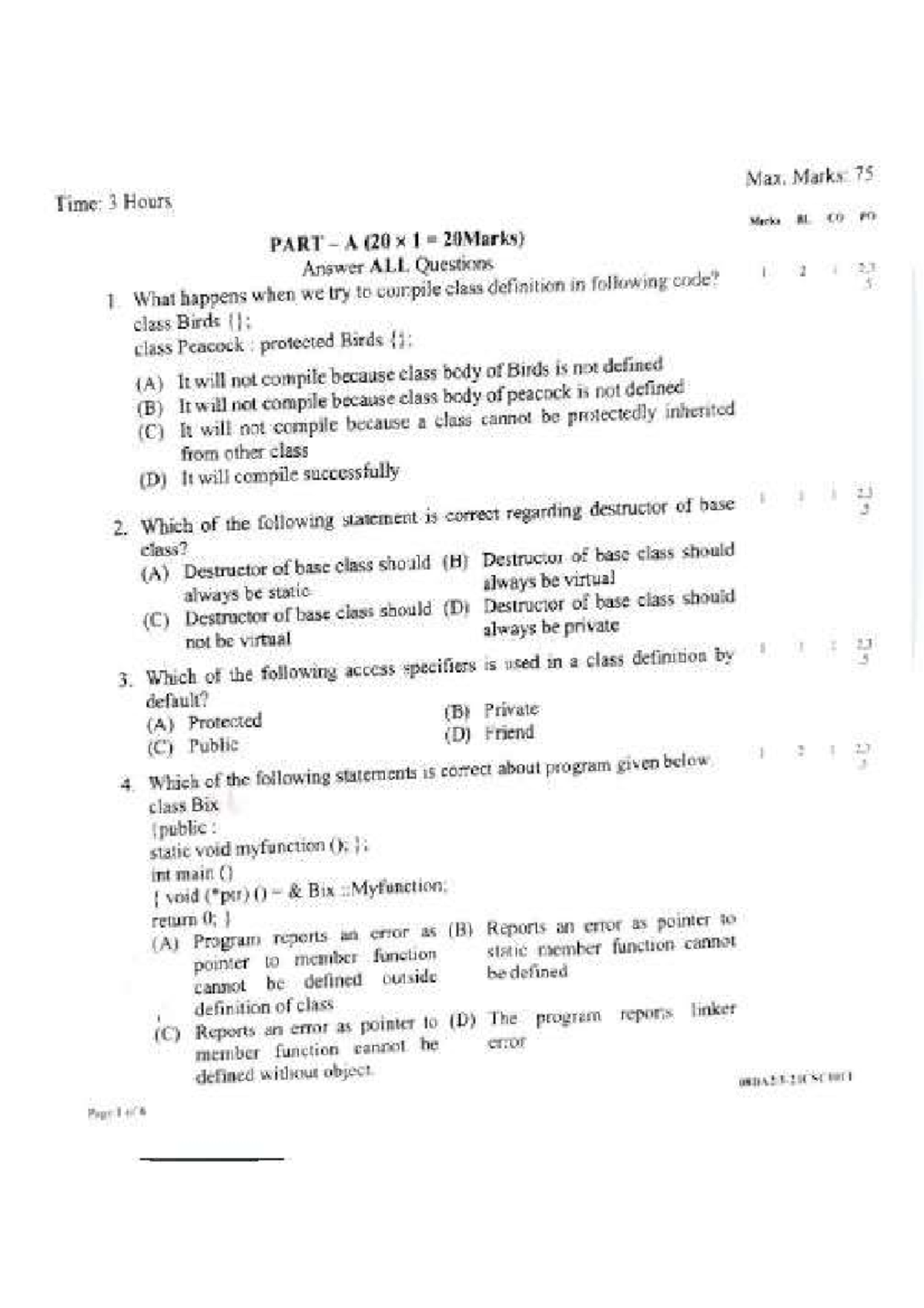 Previous Year QP OODP - Max. Marks 75 Time: 3 Hours Marks M co PO 20Marks) Answer ALL Questions ...