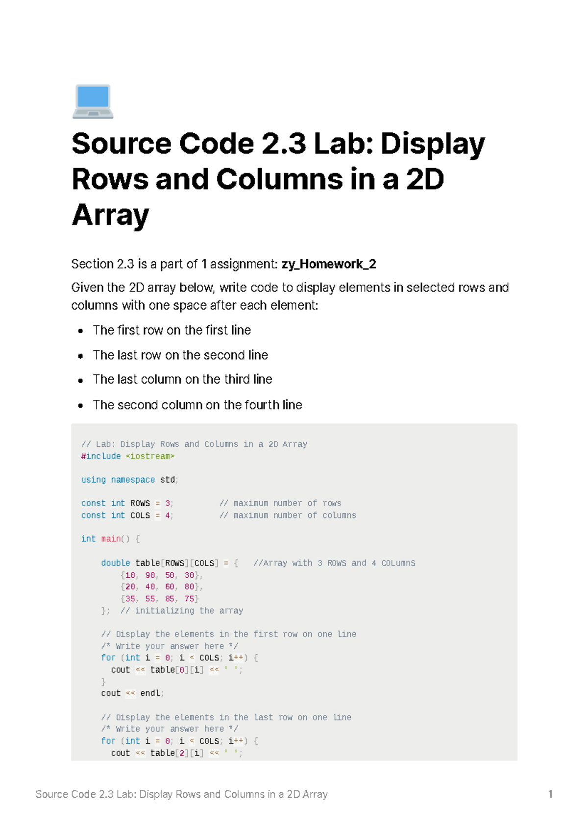 Source Code 2.3 Lab- Display Rows and Columns in a 2D Array - Source ...