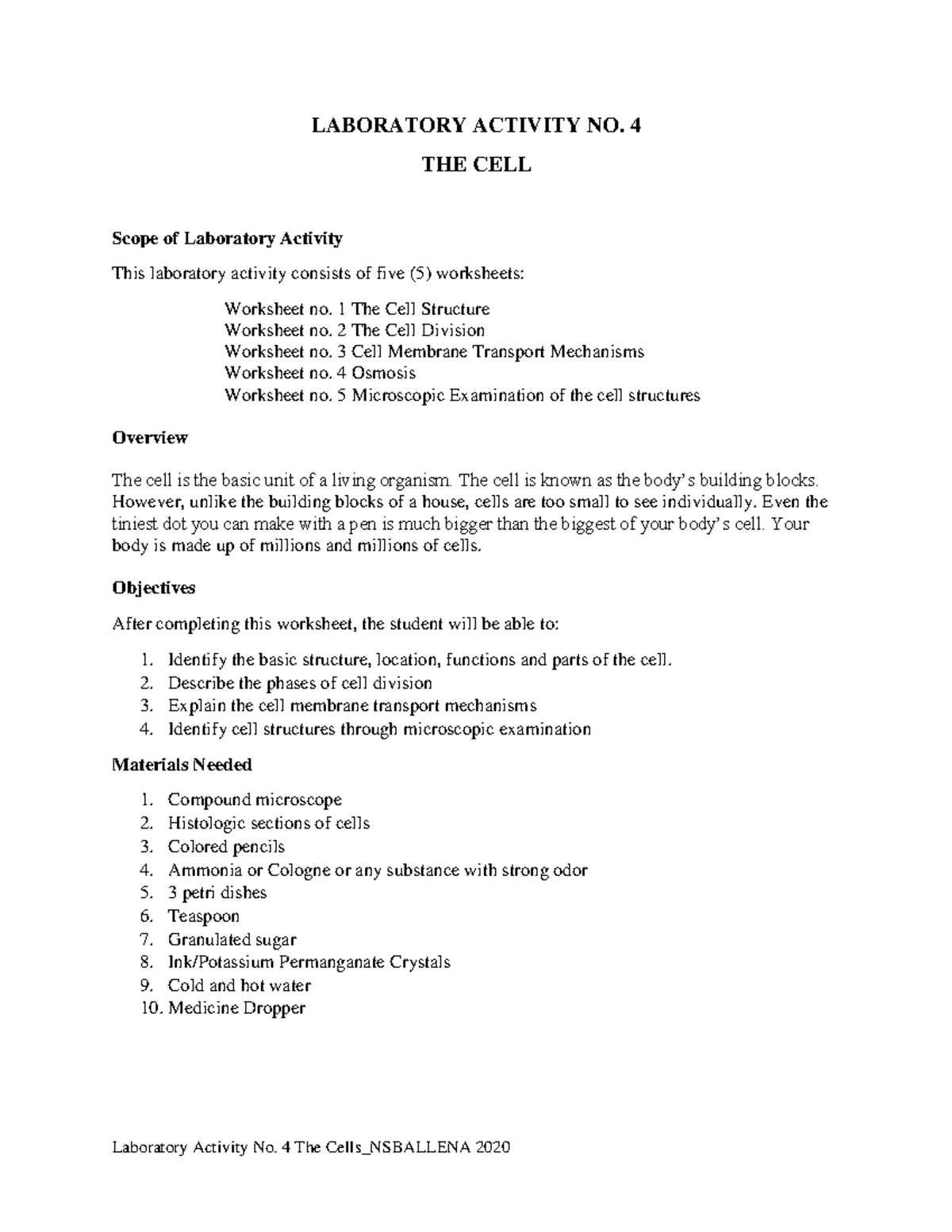 The Cell - Give information about cell structure - LABORATORY ACTIVITY ...