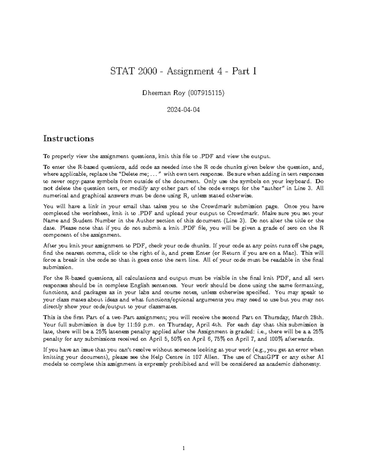 Stat 2000 A4 Part I Sv Assignment For Stat 2000 Stat 2000 Assignment 4 Part I Dheeman